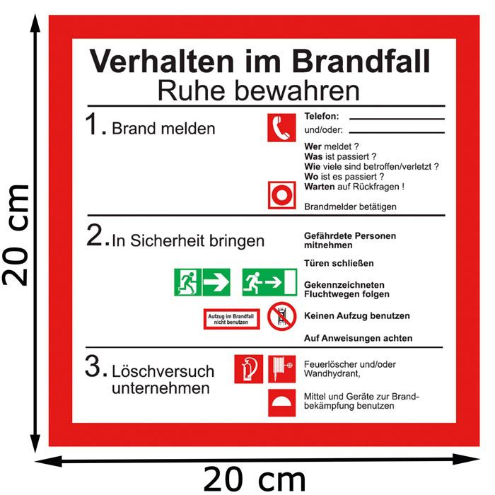 Abtec Hinweisschild BGV A8, Folie, 20 x 20 cm, Brandschutz, Verhalten im Brandfall - Böttcher AG