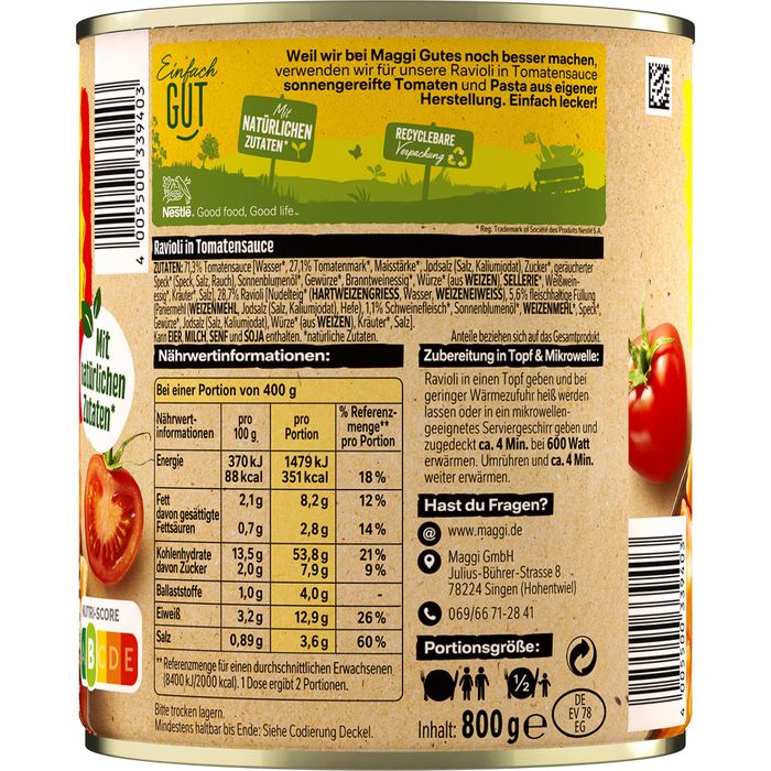 Maggi Fertiggericht Ravioli in Tomatensoße, 800g - Böttcher AG