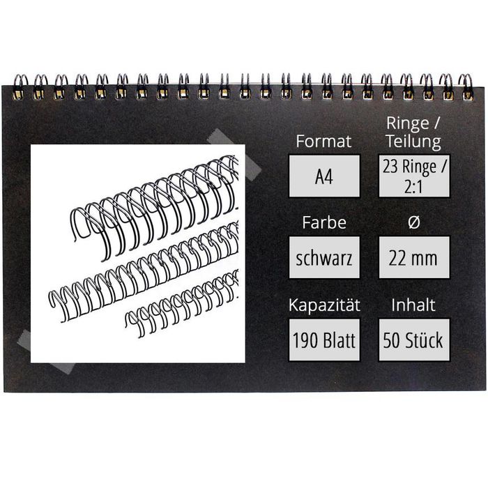 Renz Drahtbinderücken Ring Wire, 23 Ringe, schwarz, 2:1 Teilung, 50 ...