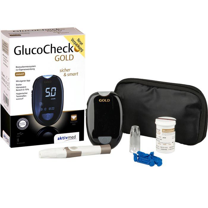 Aktivmed Blutzuckermessgerät GlucoCheck Gold, Set mit 10 Teststreifen ...