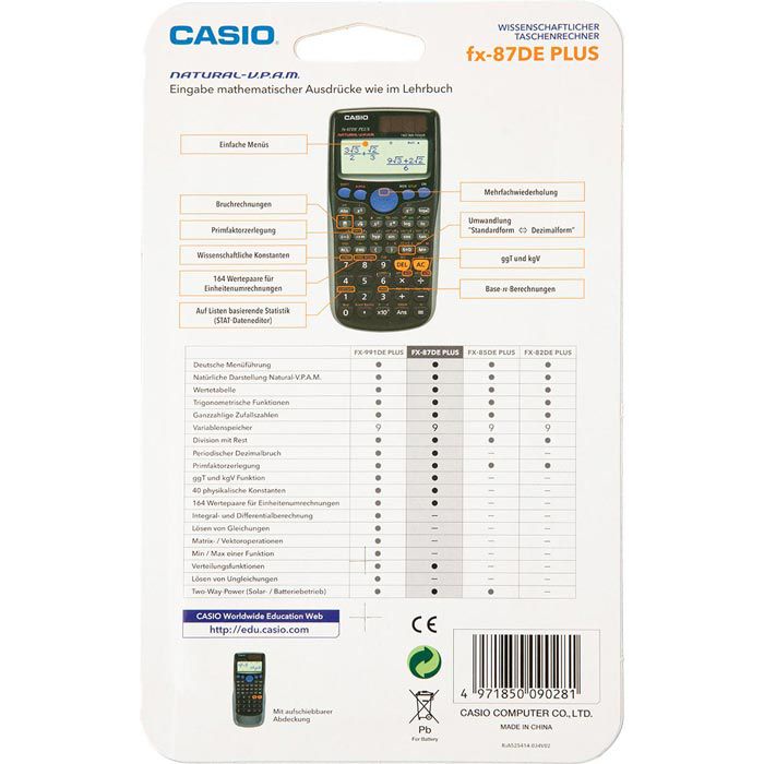 Casio FX 87 DE Plus 2nd Edition Schulrechner Taschenrechner BW ...