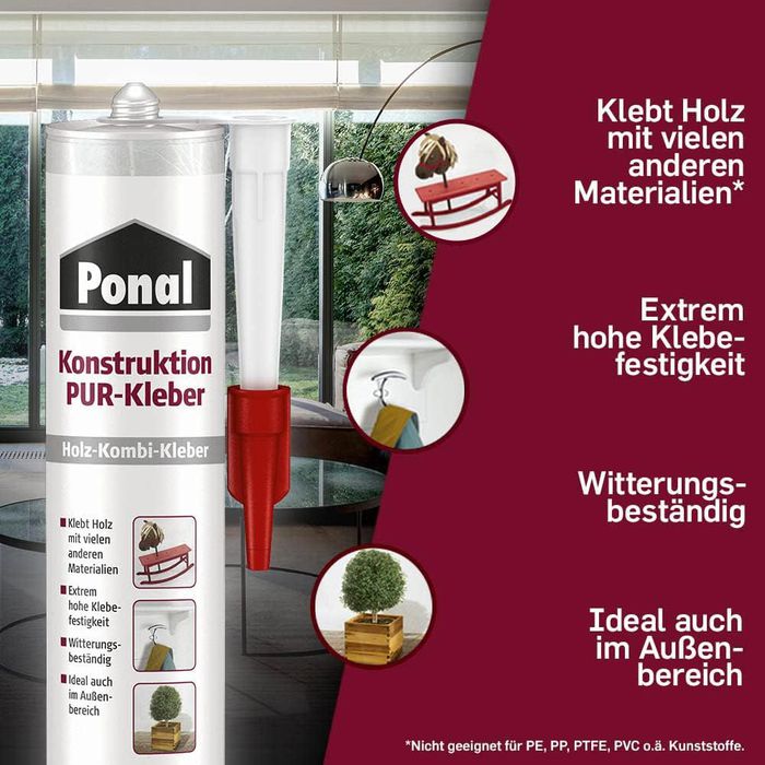 Ponal Montagekleber Konstruktion PUR-Kleber, 530g, Holz-Kombi-Kleber ...