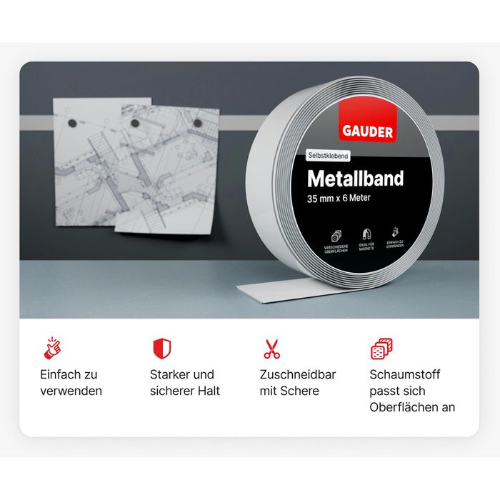 Gauder Metallband weiß, Ferroband, selbstklebend, 35 mm x 6 m - Böttcher AG