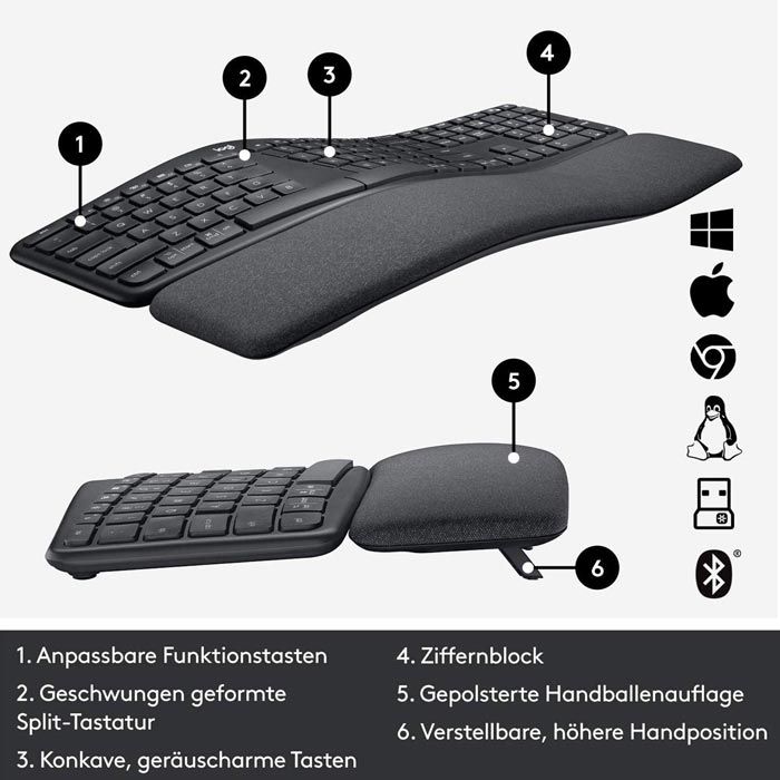 Logitech Tastatur Ergo K860, mit Handballenauflage, USB / Bluetooth ...